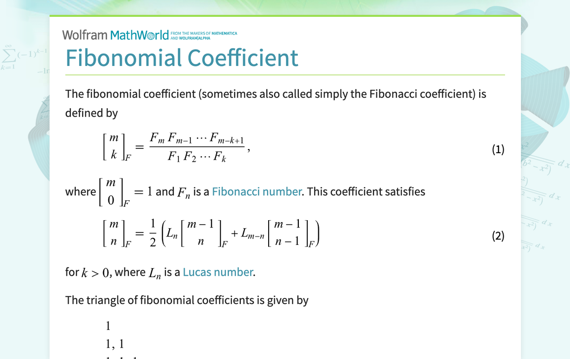 Fibonomial Coefficient -- from Wolfram MathWorld