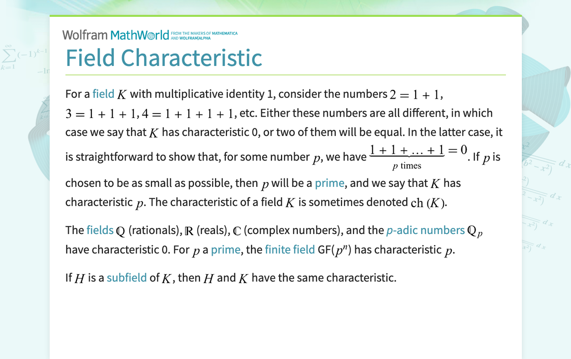 Field Characteristic -- from Wolfram MathWorld