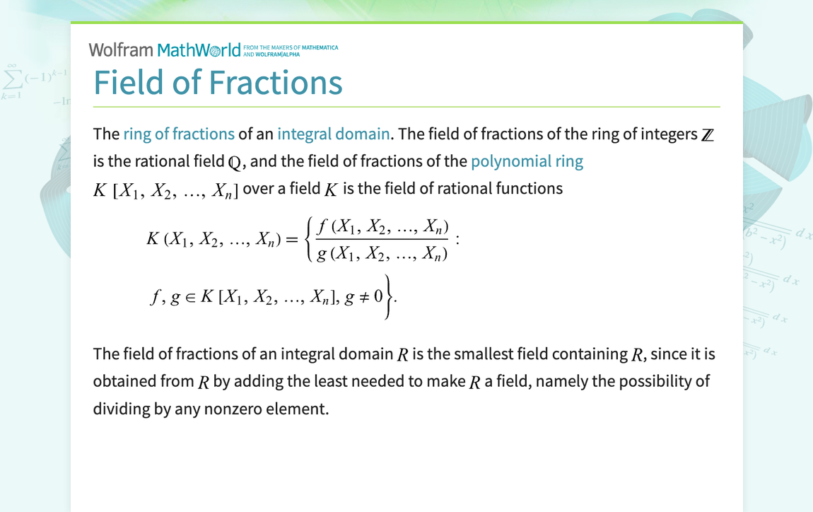 Field of Fractions -- from Wolfram MathWorld