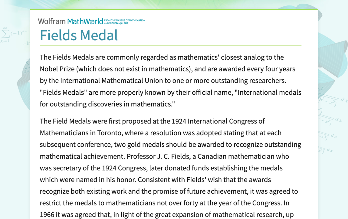Fields Medal -- from Wolfram MathWorld