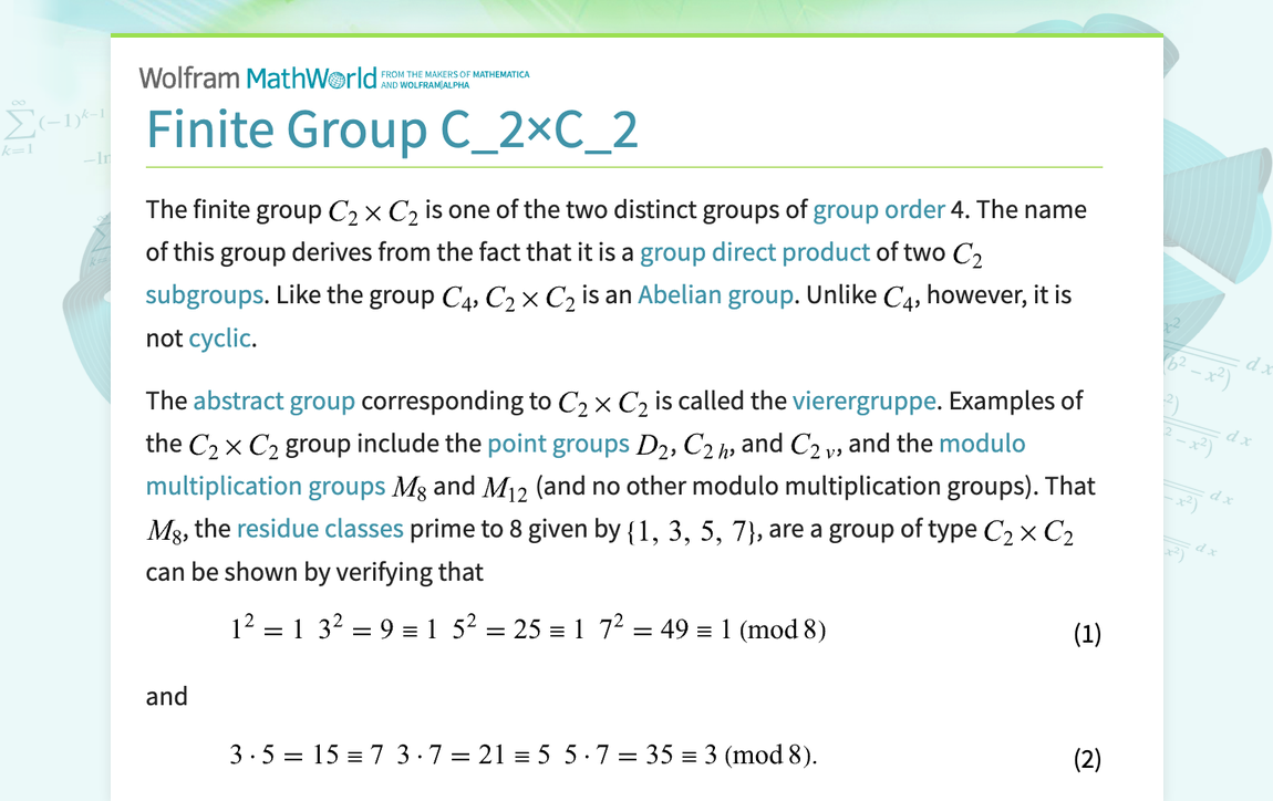 Finite Group C_2×C_2 -- from Wolfram MathWorld