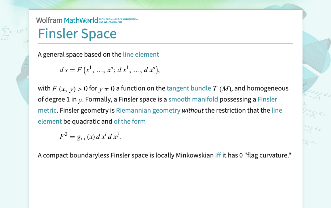 Finsler Space -- from Wolfram MathWorld