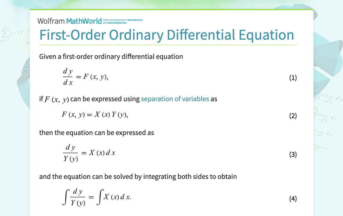 First Order Ordinary Differential Equation From Wolfram Mathworld