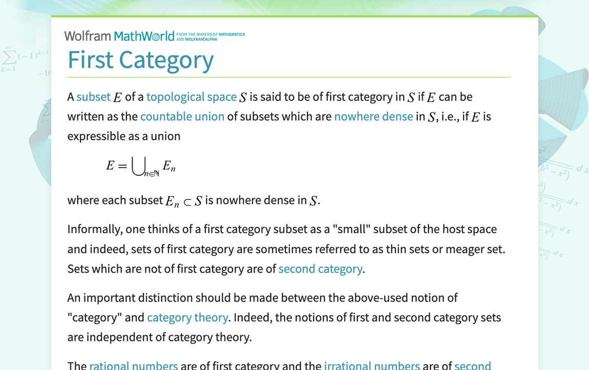 First Category -- from Wolfram MathWorld