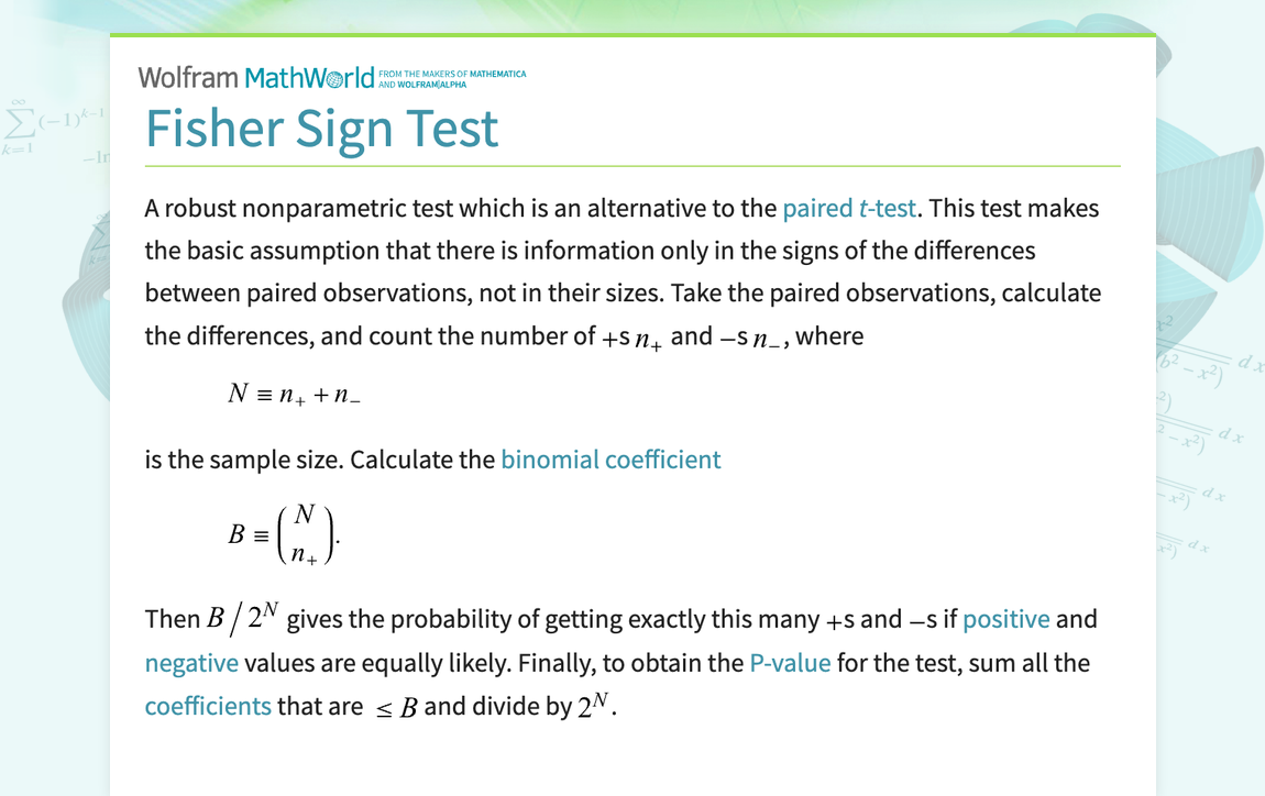 Fisher Sign Test -- from Wolfram MathWorld
