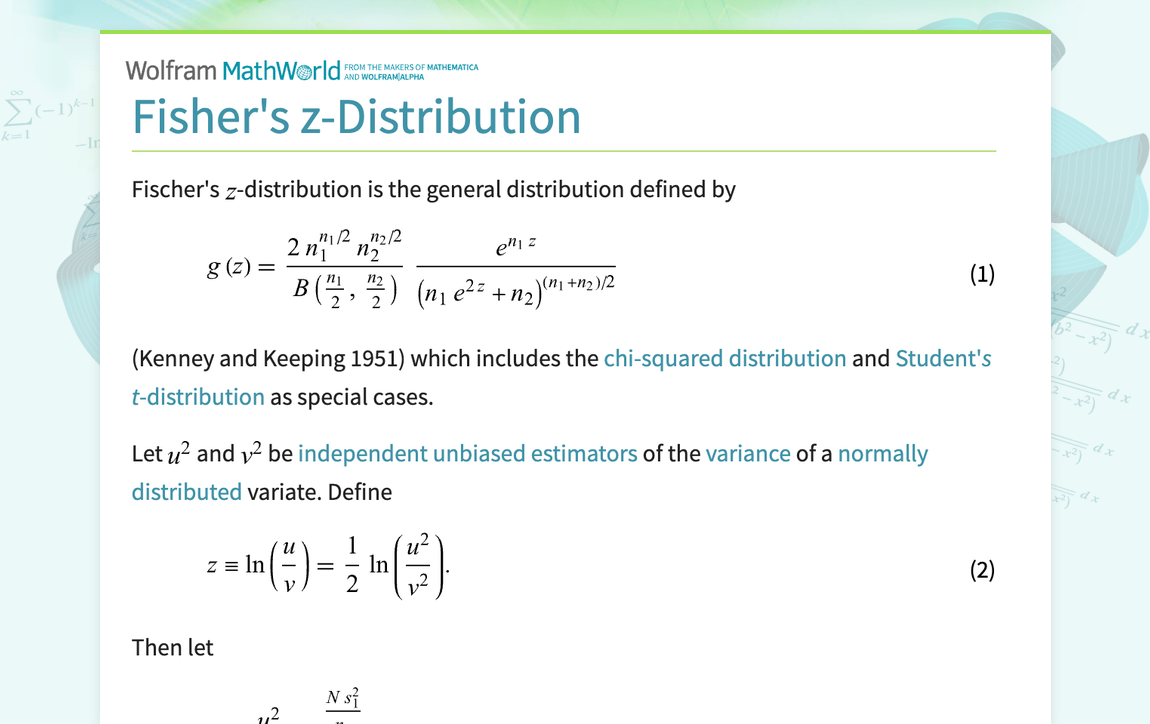 Fisher's z-Distribution -- from Wolfram MathWorld