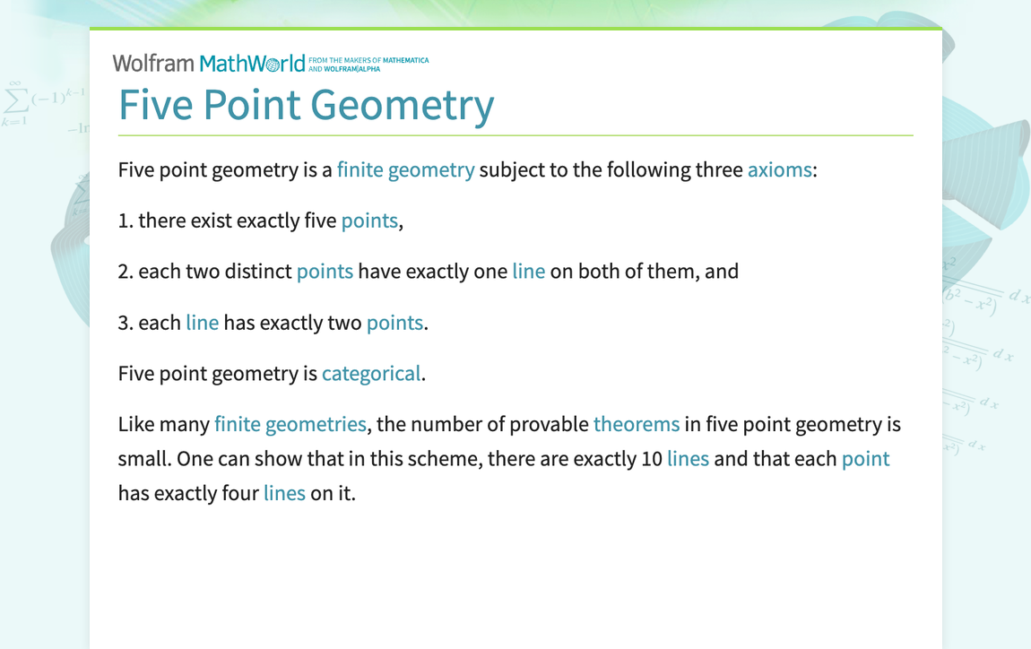 Five Point Geometry -- from Wolfram MathWorld