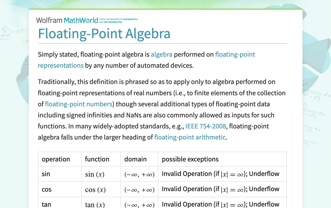 Floating-Point Algebra -- from Wolfram MathWorld
