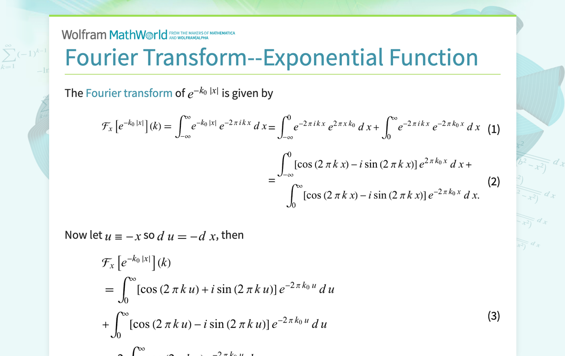Fourier Transform Exponential Function From Wolfram Mathworld