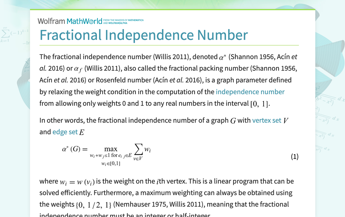 Fractional Independence Number -- from Wolfram MathWorld