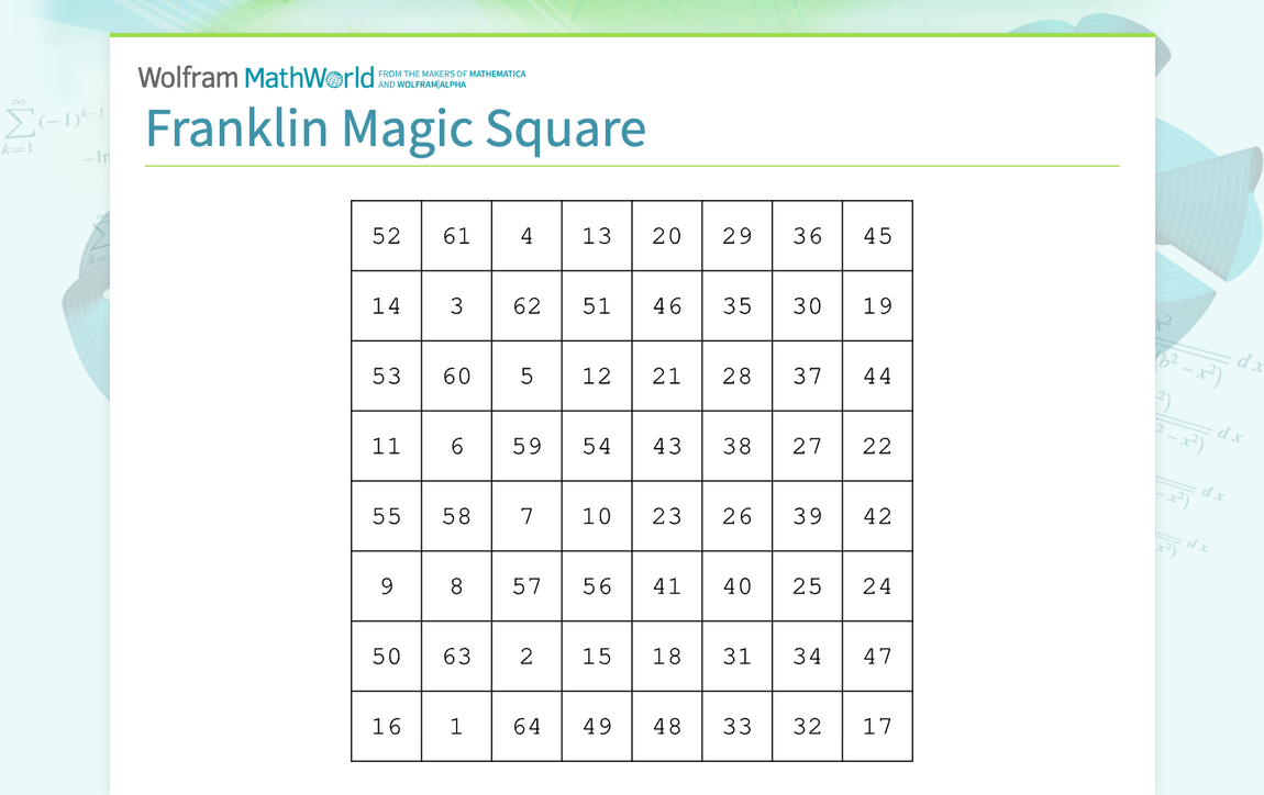 Franklin Magic Square -- from Wolfram MathWorld