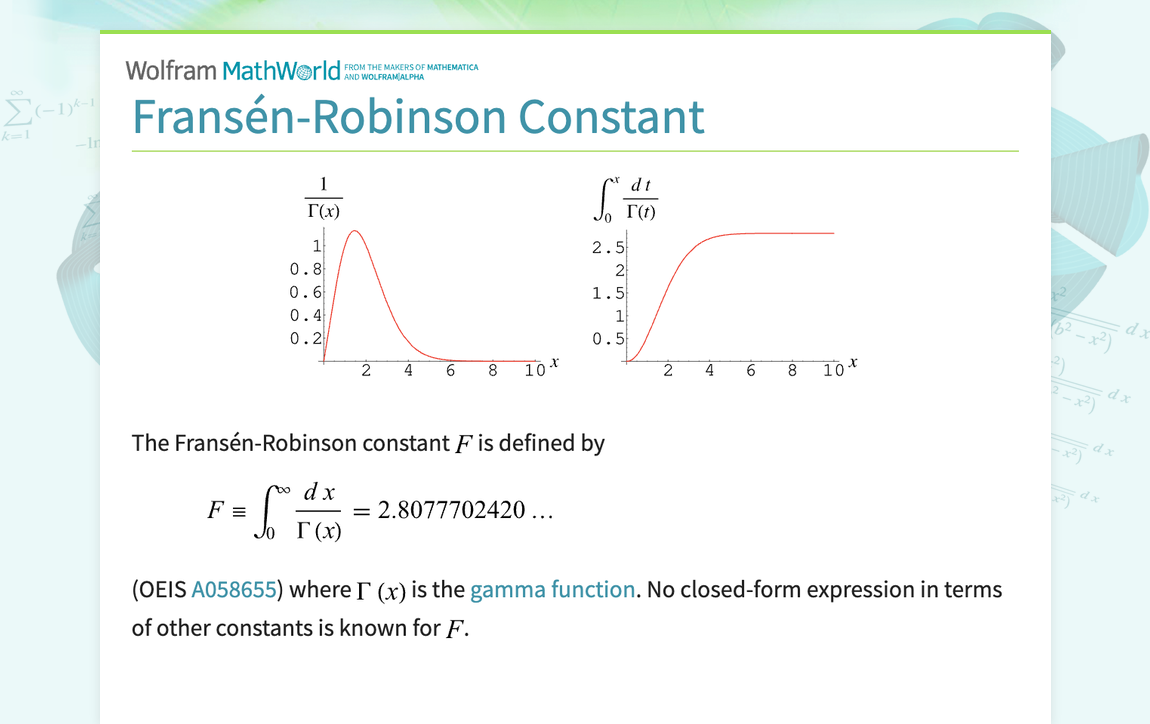 Fransén-Robinson Constant -- from Wolfram MathWorld