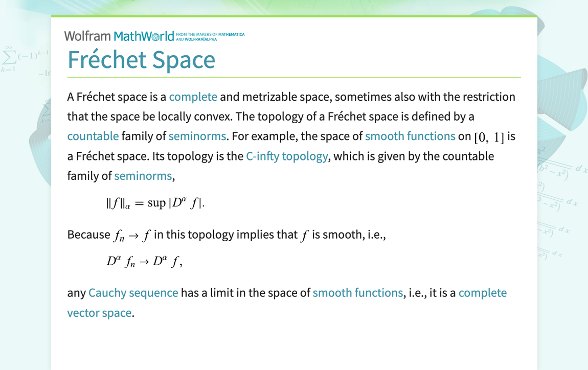 Fréchet Space -- from Wolfram MathWorld