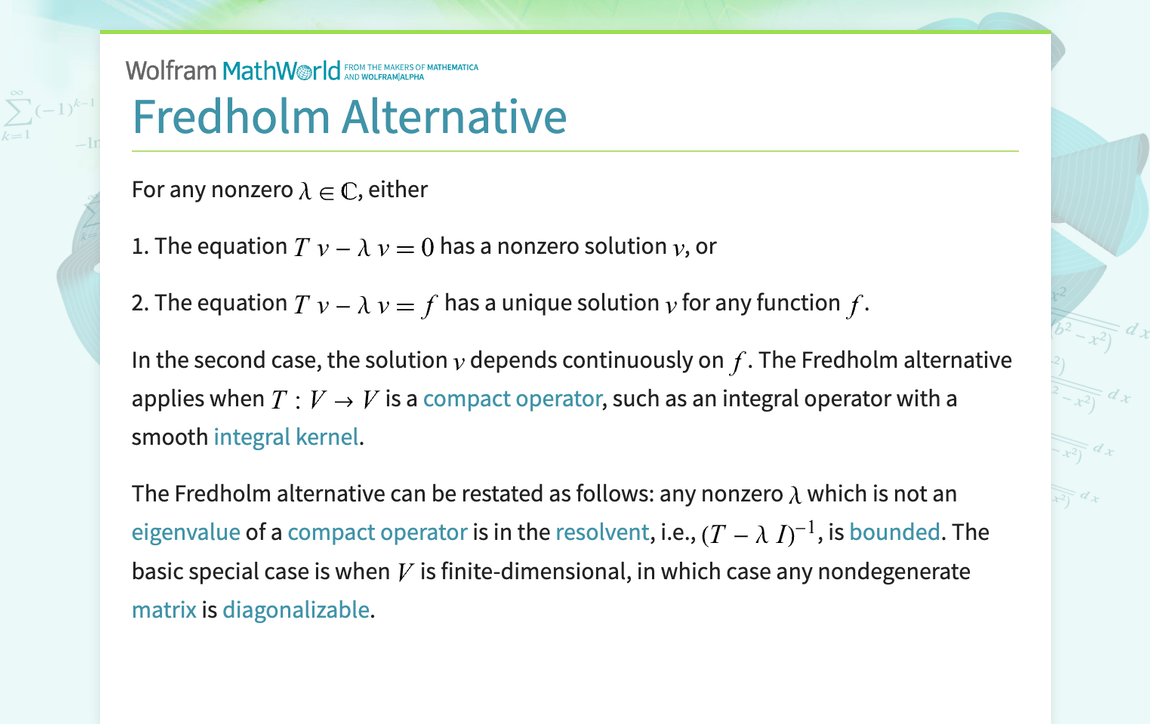 Fredholm Alternative -- from Wolfram MathWorld