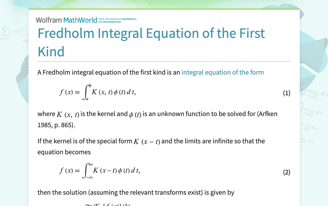 Fredholm Integral Equation of the First Kind -- from Wolfram MathWorld