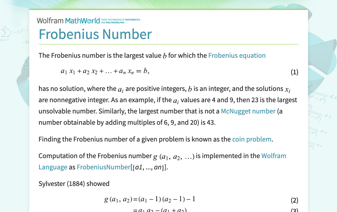 Frobenius Number -- from Wolfram MathWorld