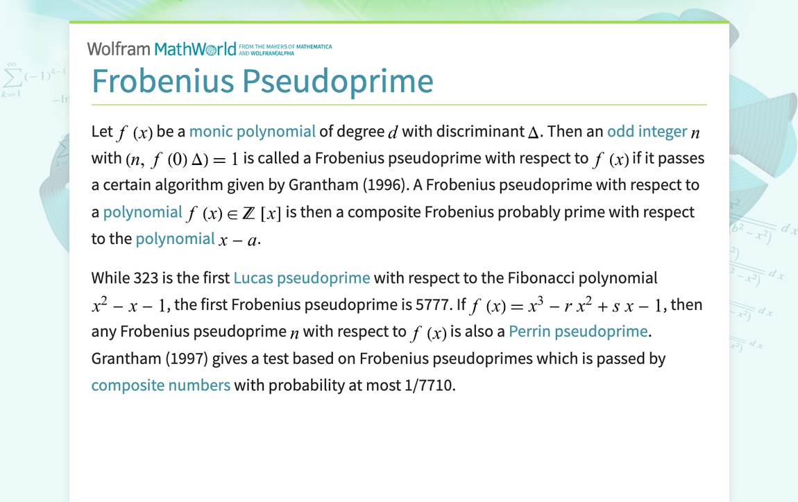 Frobenius Pseudoprime -- from Wolfram MathWorld