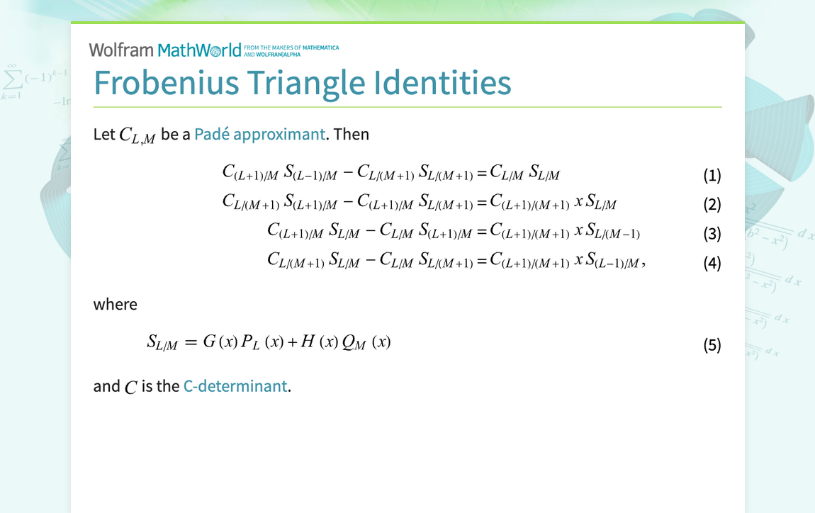 Frobenius Triangle Identities -- from Wolfram MathWorld
