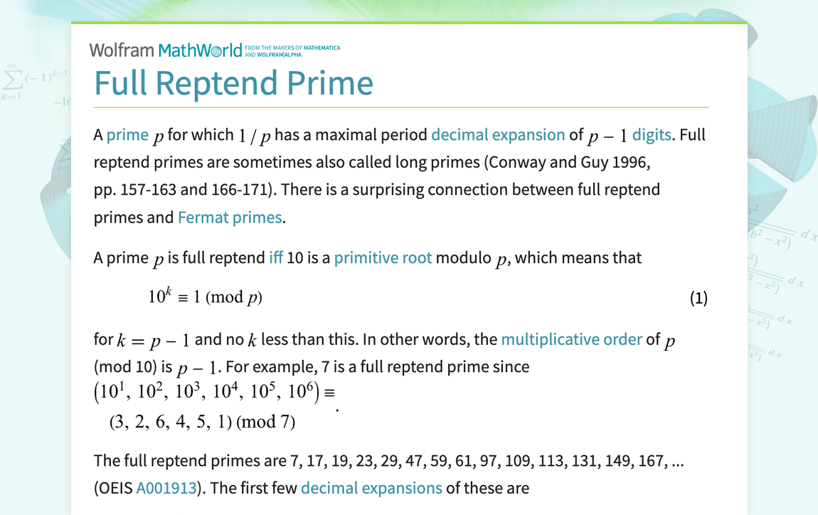 Full Reptend Prime -- from Wolfram MathWorld