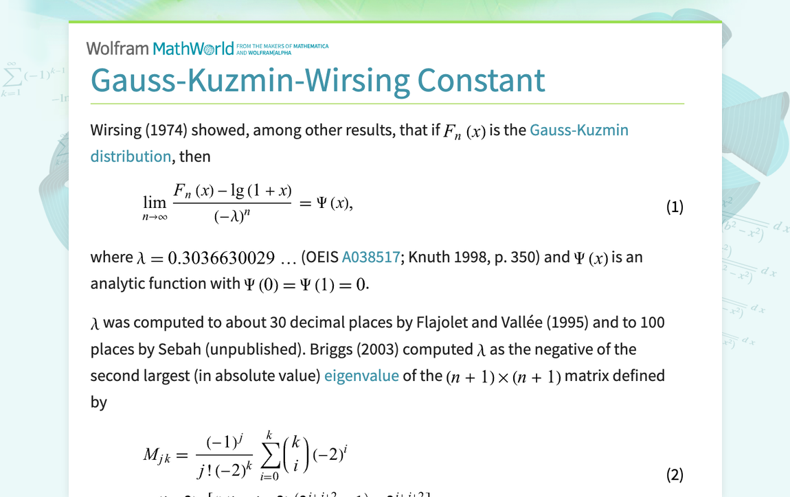 Gauss-Kuzmin-Wirsing Constant -- from Wolfram MathWorld