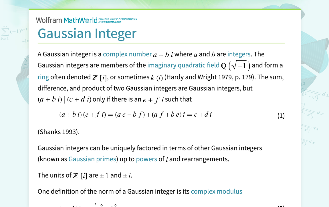 Gaussian Integer -- from Wolfram MathWorld