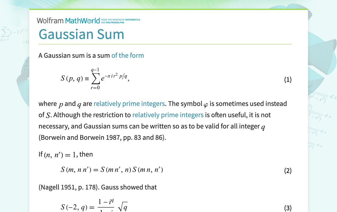 Gaussian Sum -- from Wolfram MathWorld Gaussian Sum -- from Wolfram MathWorld