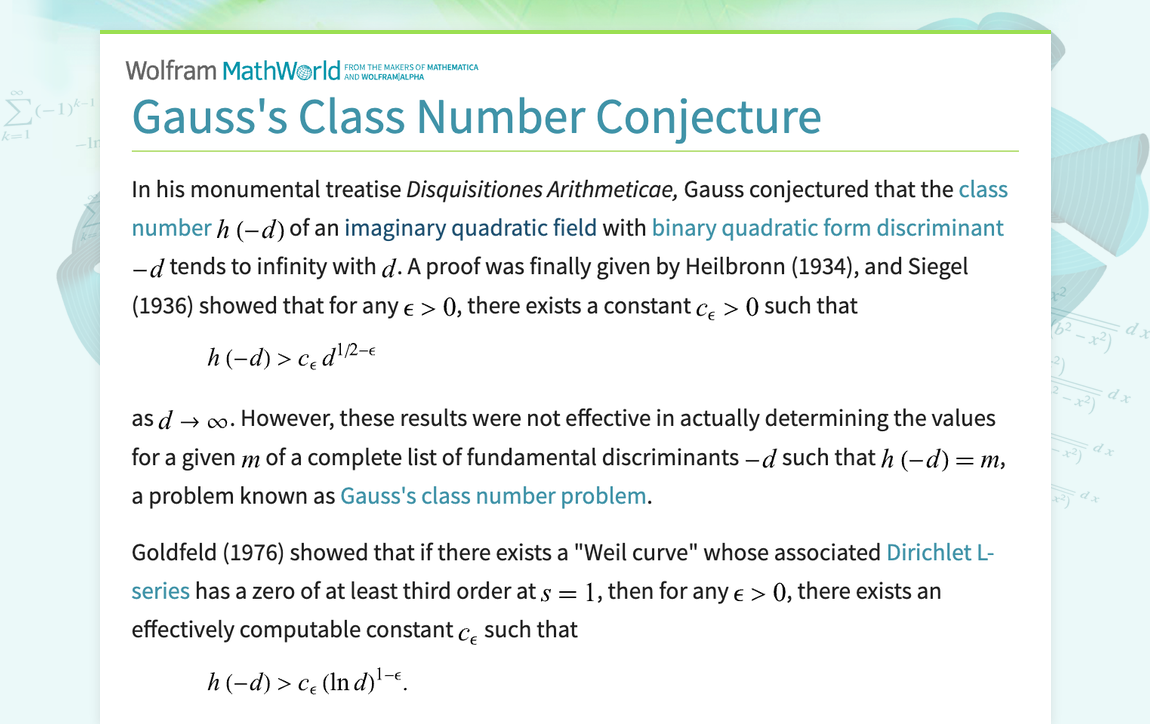 Gauss's Class Number Conjecture -- from Wolfram MathWorld