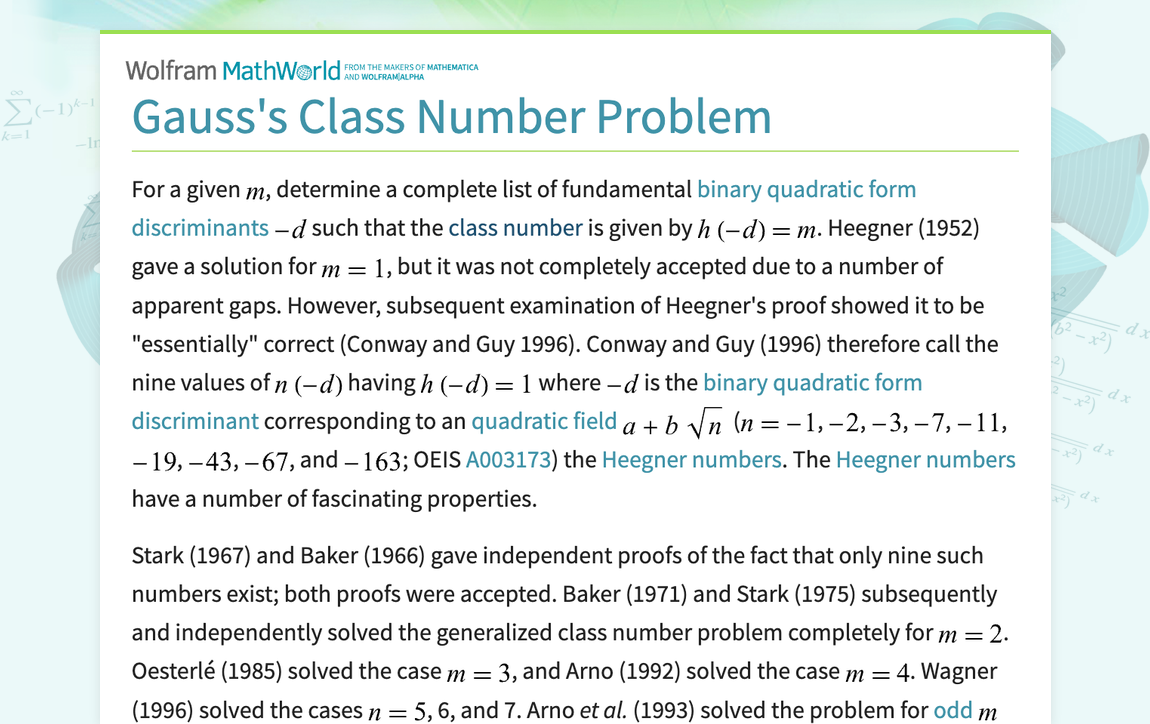 Gausss Class Number Problem From Wolfram Mathworld