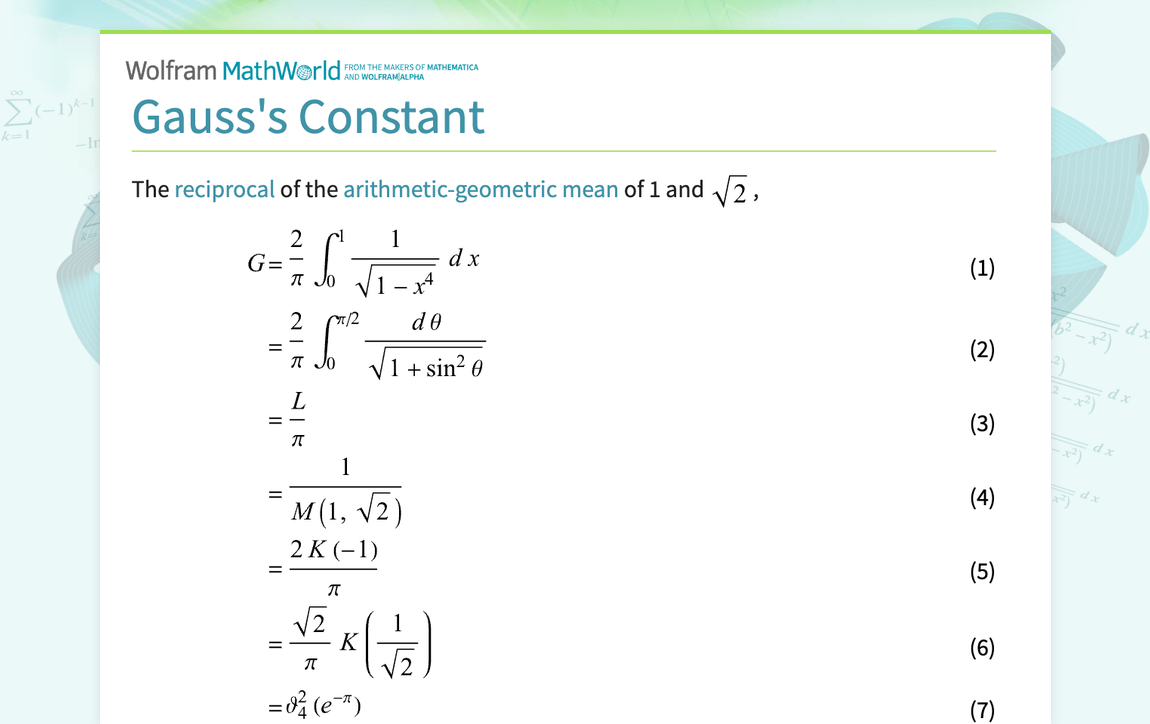 Gauss's Constant -- from Wolfram MathWorld