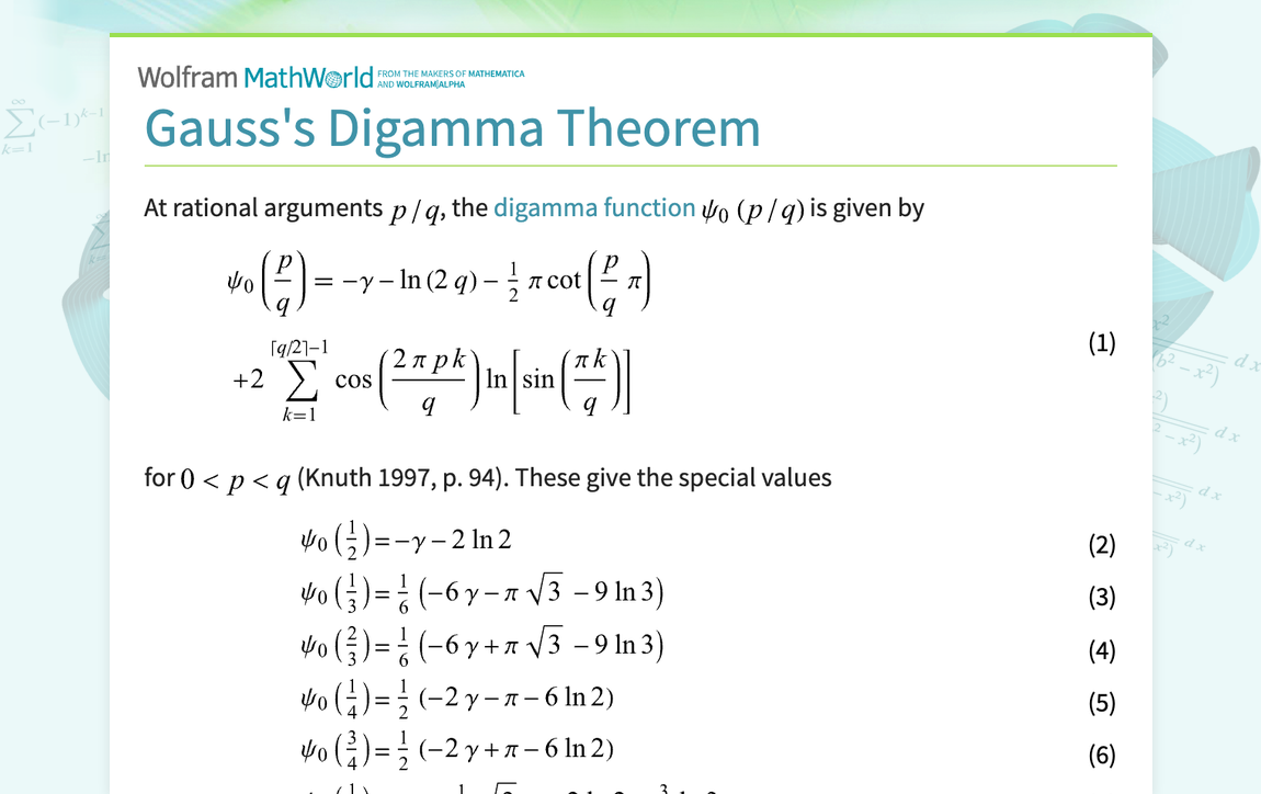 Gauss's Digamma Theorem -- from Wolfram MathWorld