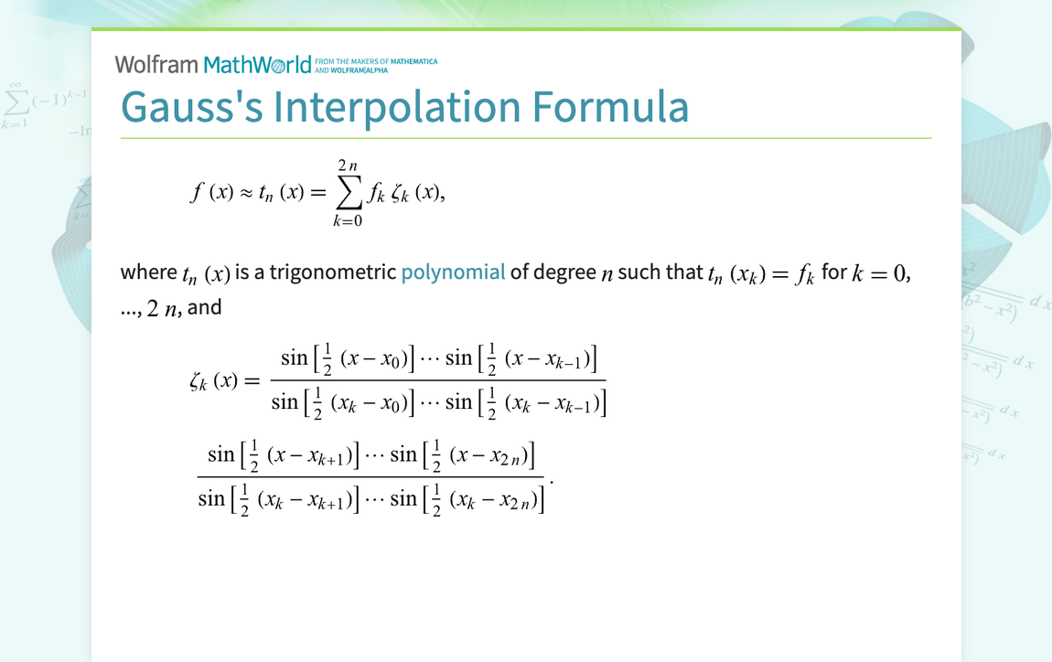 Gauss's Interpolation Formula -- from Wolfram MathWorld