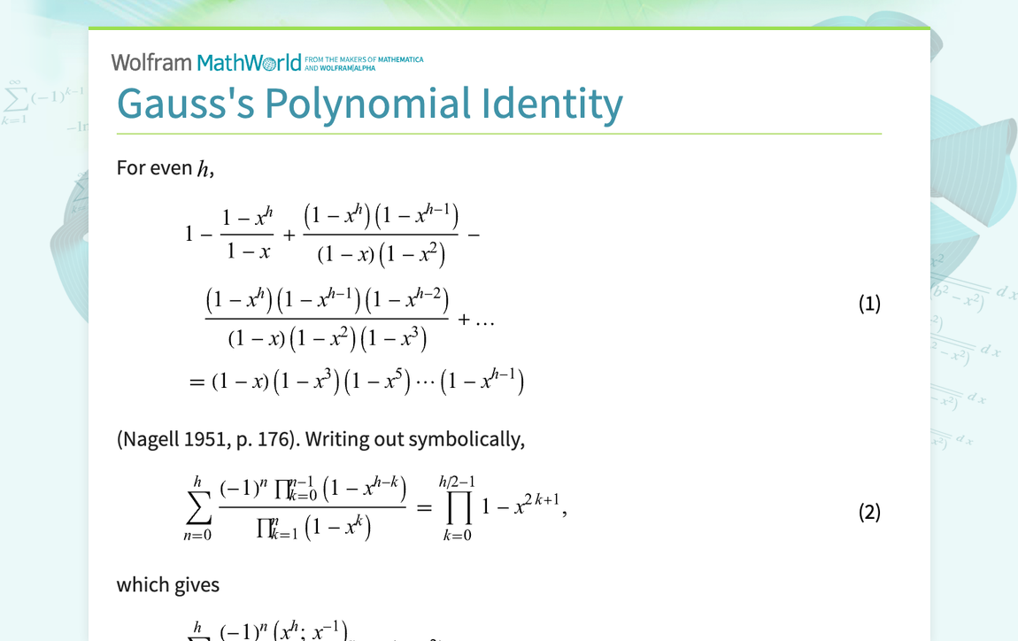 Gauss's Polynomial Identity -- from Wolfram MathWorld