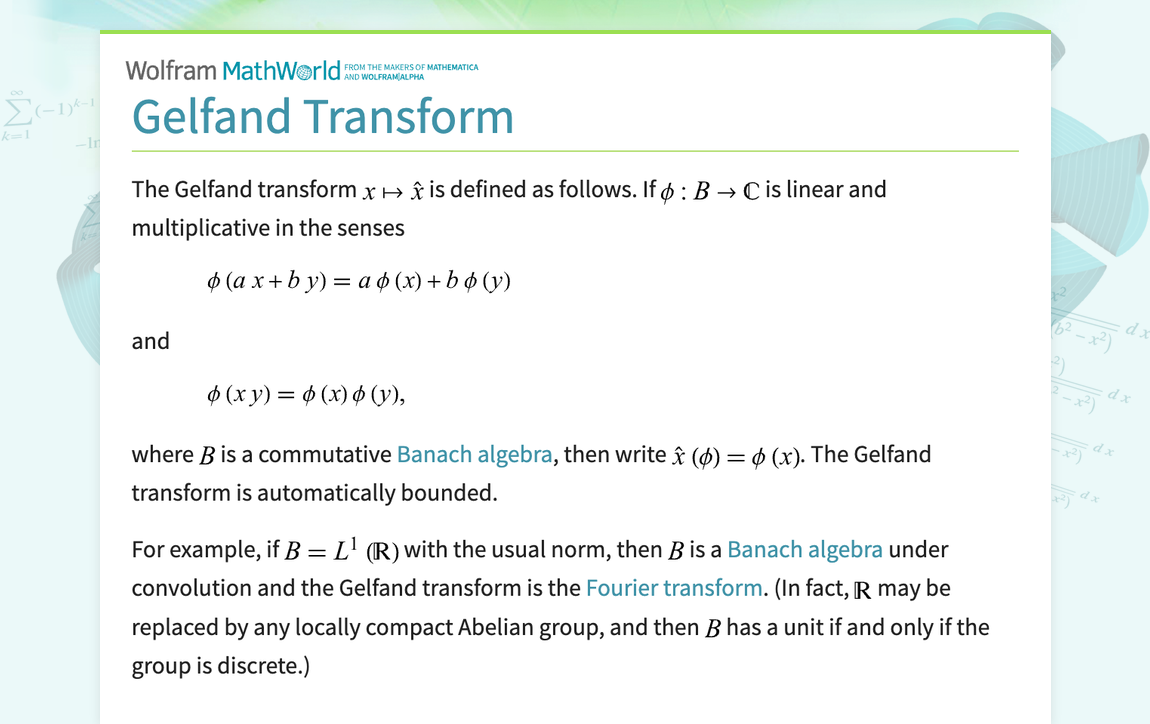 Gelfand Transform -- from Wolfram MathWorld