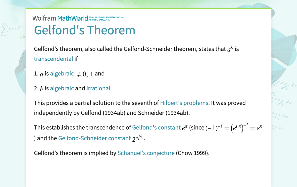 Gelfond's Theorem -- from Wolfram MathWorld