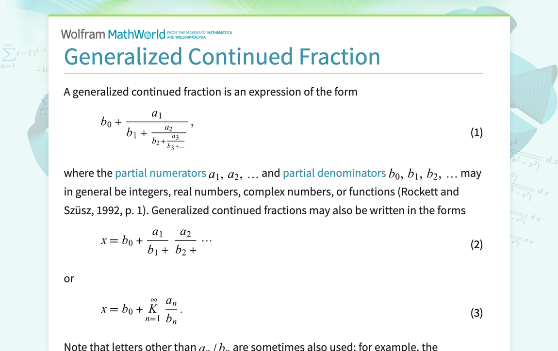 Generalized Continued Fraction -- from Wolfram MathWorld