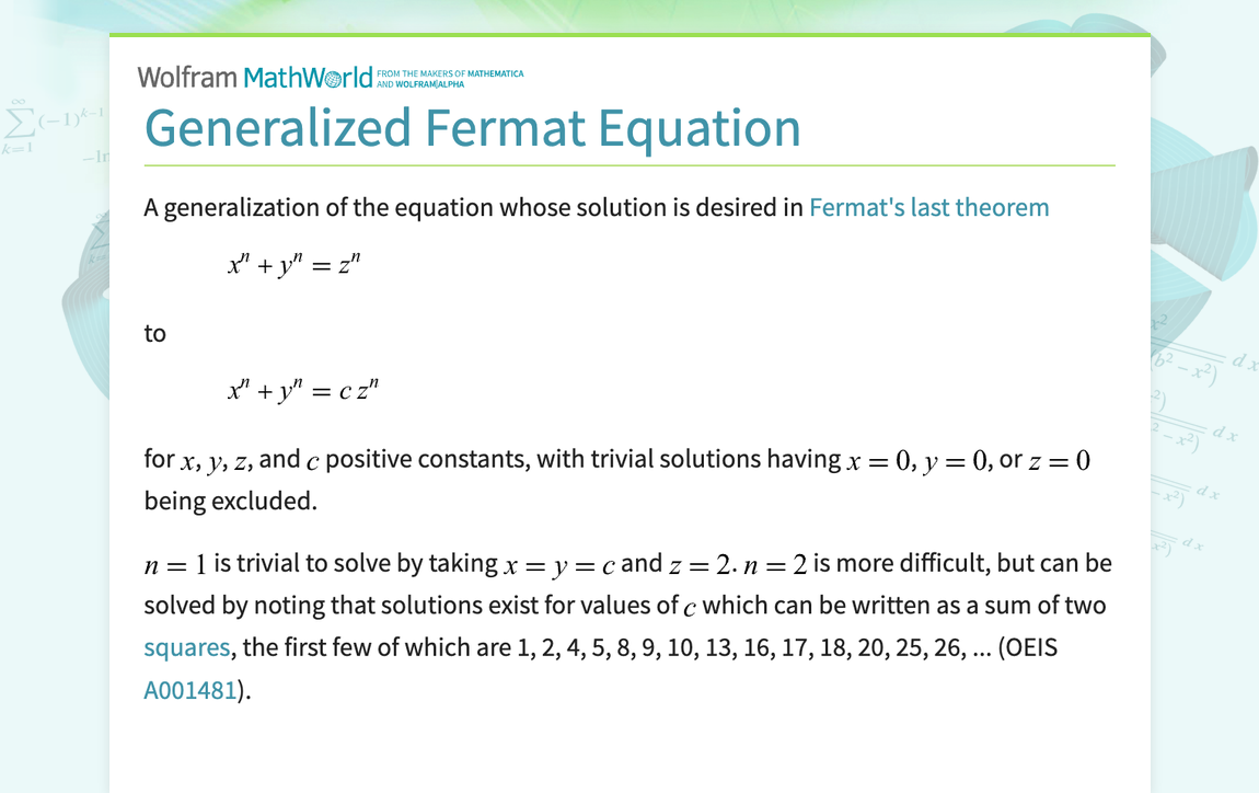 Generalized Fermat Equation -- from Wolfram MathWorld