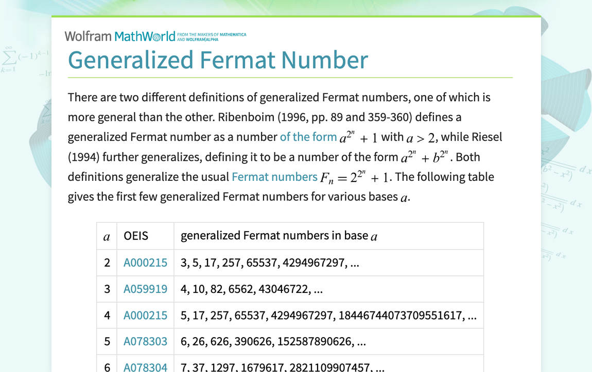 Generalized Fermat Number -- from Wolfram MathWorld