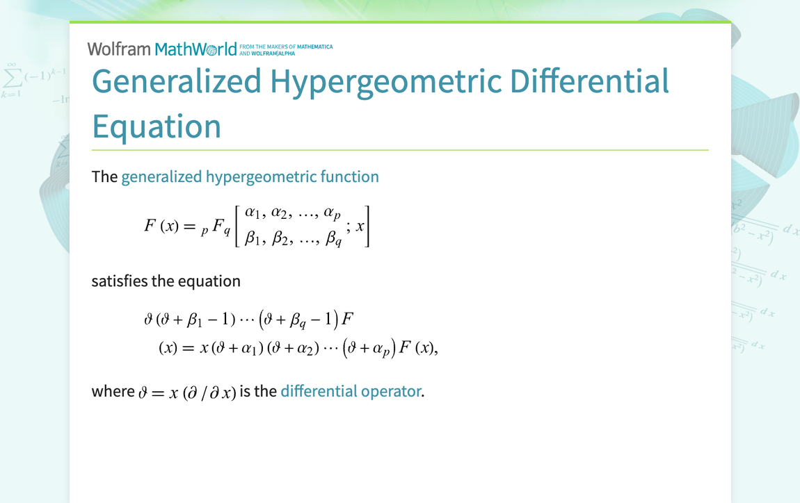 Generalized Hypergeometric Differential Equation From Wolfram Mathworld