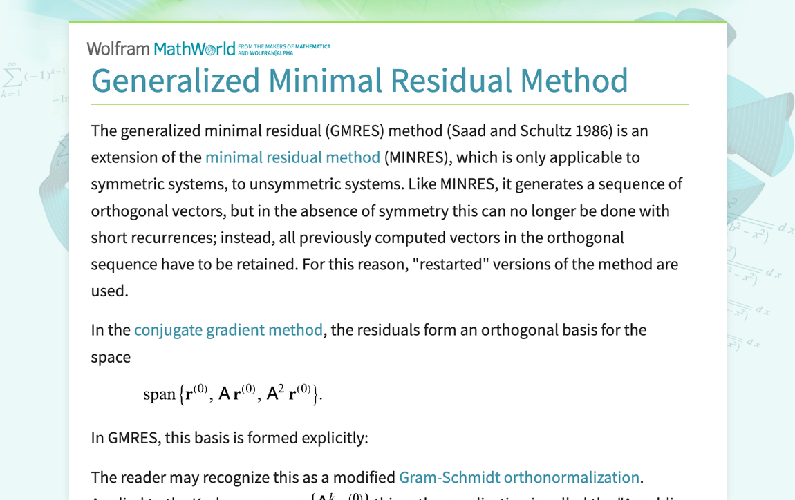 Generalized Minimal Residual Method From Wolfram Mathworld