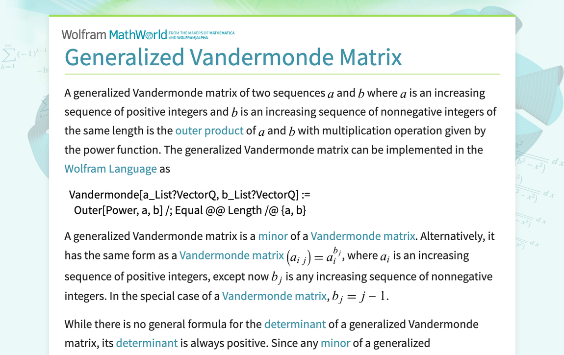 Generalized Vandermonde Matrix -- from Wolfram MathWorld