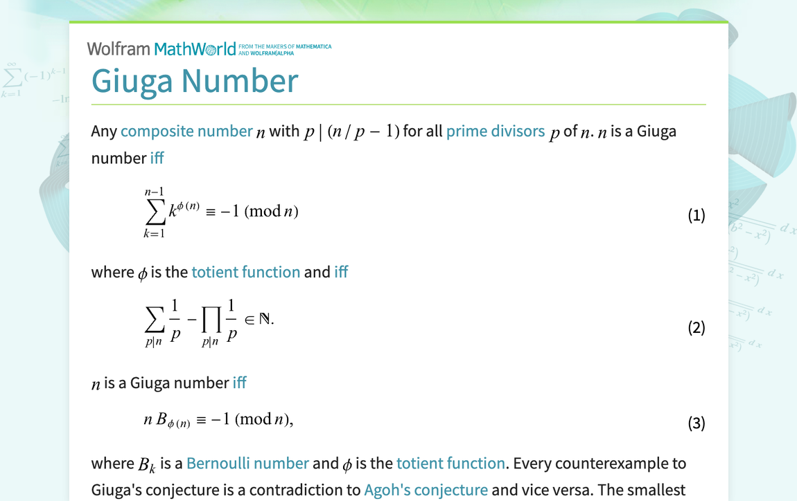Giuga Number -- from Wolfram MathWorld