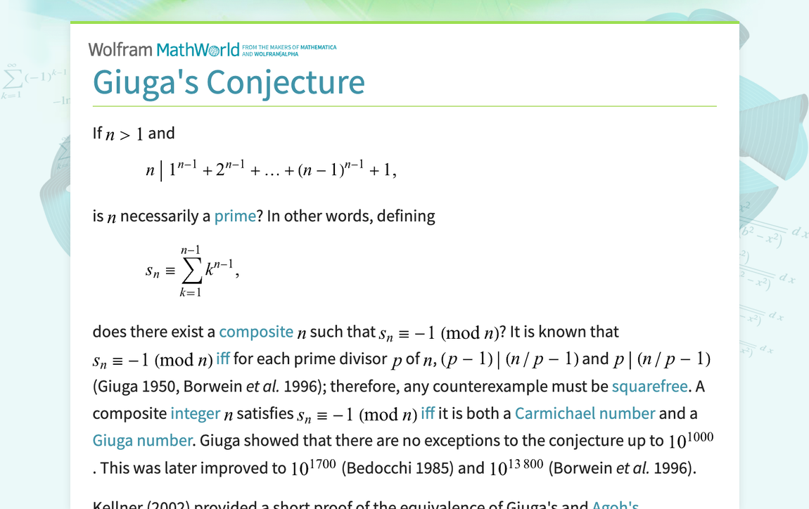 Giuga's Conjecture -- from Wolfram MathWorld