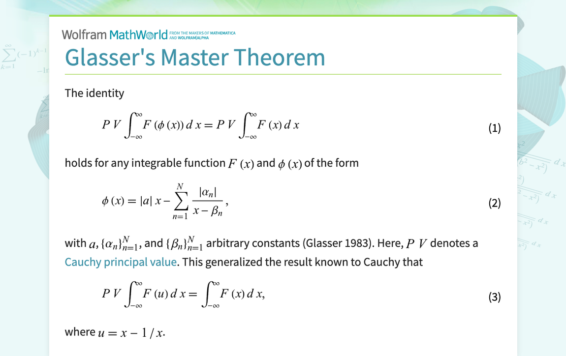 Glasser's Master Theorem -- from Wolfram MathWorld