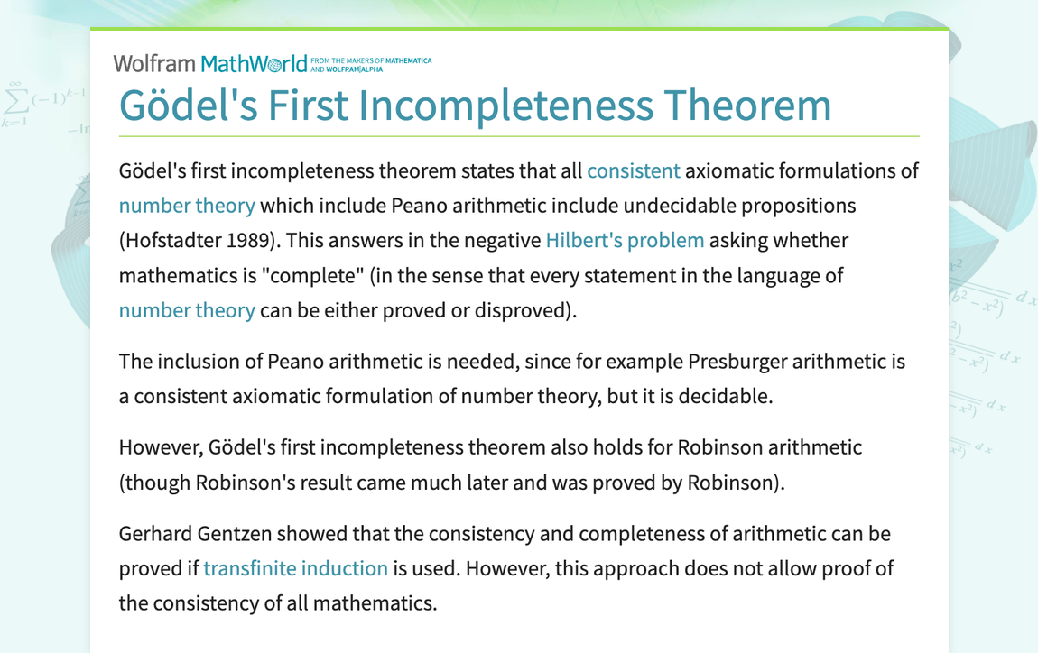 Gödels First Incompleteness Theorem From Wolfram Mathworld