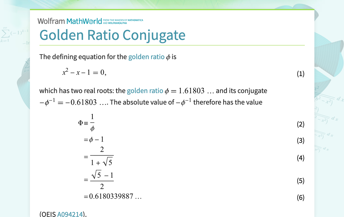 Golden Ratio Conjugate -- from Wolfram MathWorld