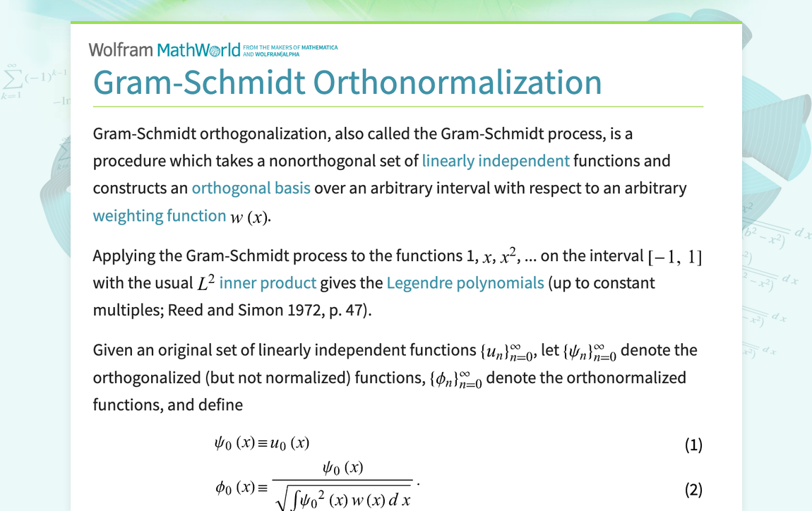 Gram-Schmidt Orthonormalization -- from Wolfram MathWorld