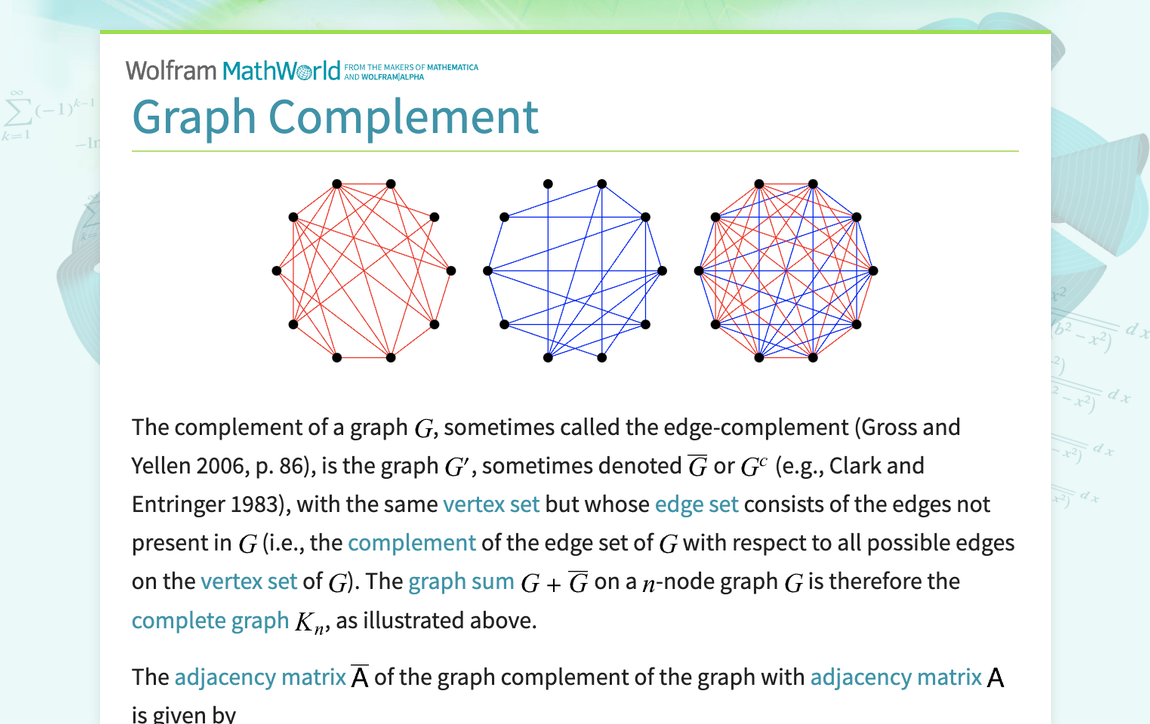 Graph Complement -- from Wolfram MathWorld Graph Complement -- from Wolfram MathWorld