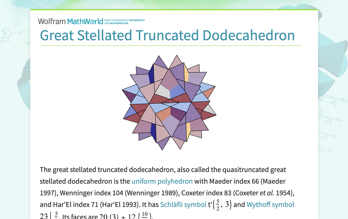 Great Stellated Truncated Dodecahedron -- from Wolfram MathWorld Great Stellated Truncated Dodecahedron -- from Wolfram MathWorld