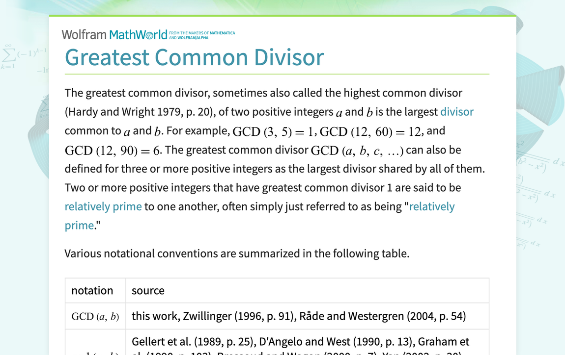 Greatest Common Divisor From Wolfram Mathworld