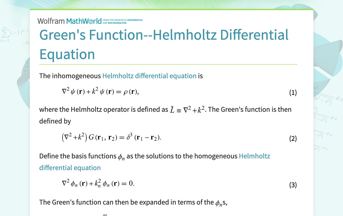 Green's Function--Helmholtz Differential Equation -- from Wolfram MathWorld